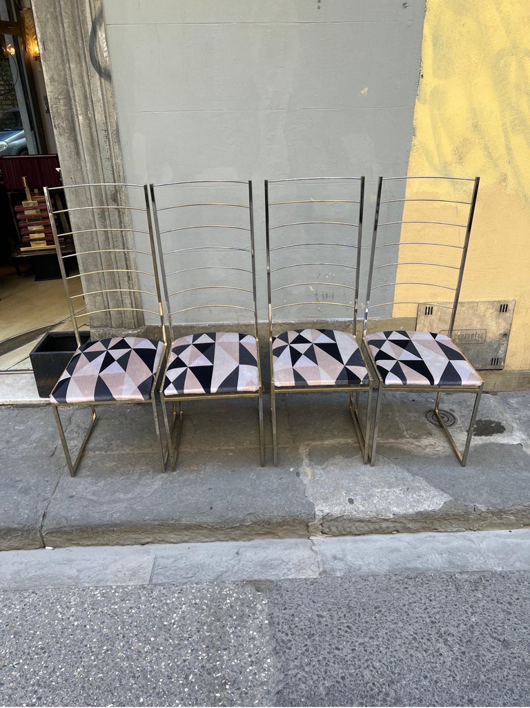Set of 4 Gold Metal Chairs with Geometric Velvet Seating Kirkby, 1980s ...