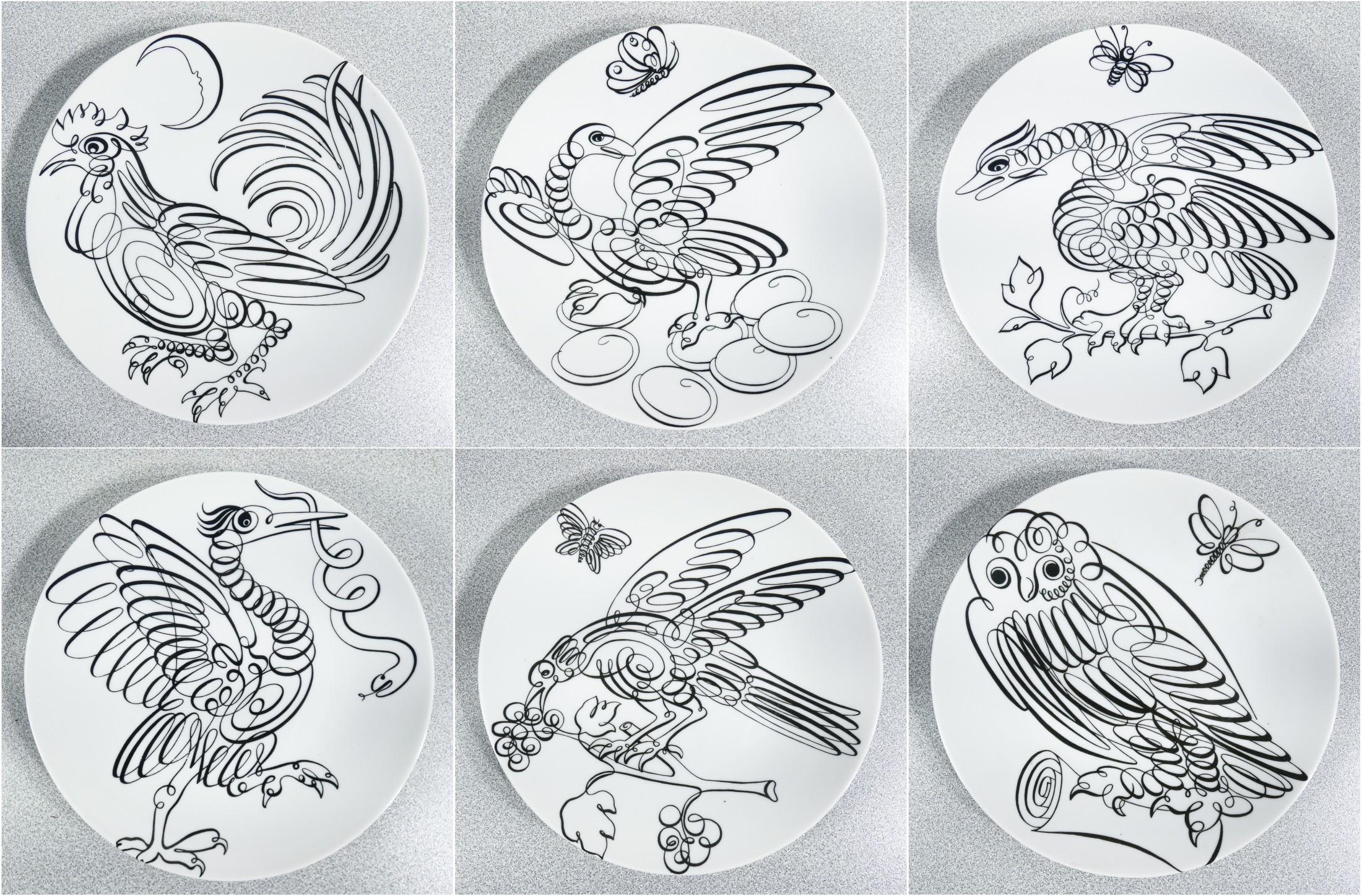 Set of six plates, design Piero FORNASETTI Calligraphic Birds series ...