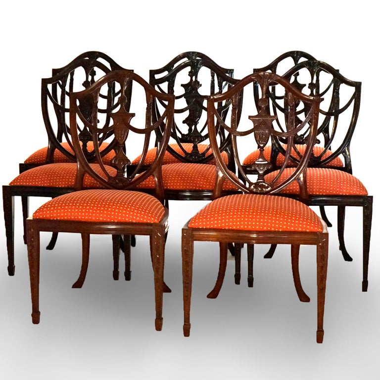 Set Eight Federal Carved Mahogany Shield Back Dining Chairs 20th C at 1stDibs