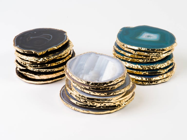 Natural Black Agate Gemstone Coasters with 24 K Gold Trim, Set/8 For ...