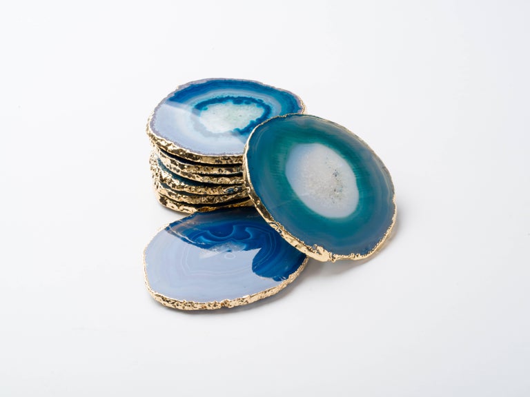 Agate Gemstone Coasters Wrapped in 24-Karat Gold, Set / 8 For Sale at ...