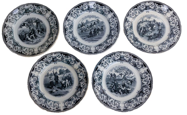 Set Five Historized Childhood Scenes Faience Plates, Bordeaux France ...