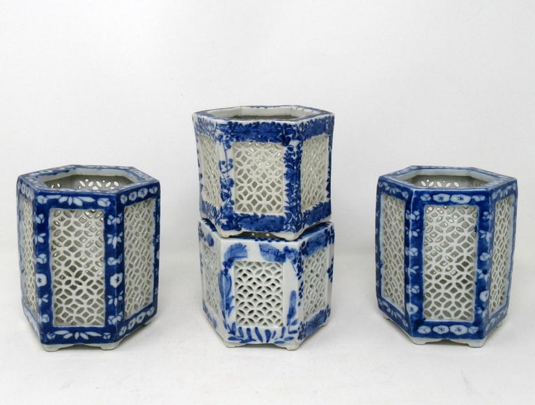 Set Hand Painted Blue White Japan Chinese Reticulated Hexagonal ...