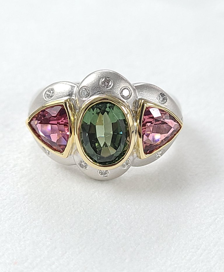 18 Karat Gold Multi Tourmaline Ring with Diamonds For Sale at 1stDibs