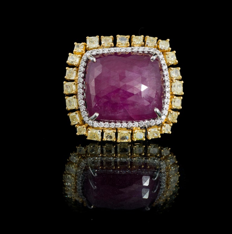 18K Gold, 34.82 Natural Mozambique Ruby and Yellow Diamonds Cocktail ...