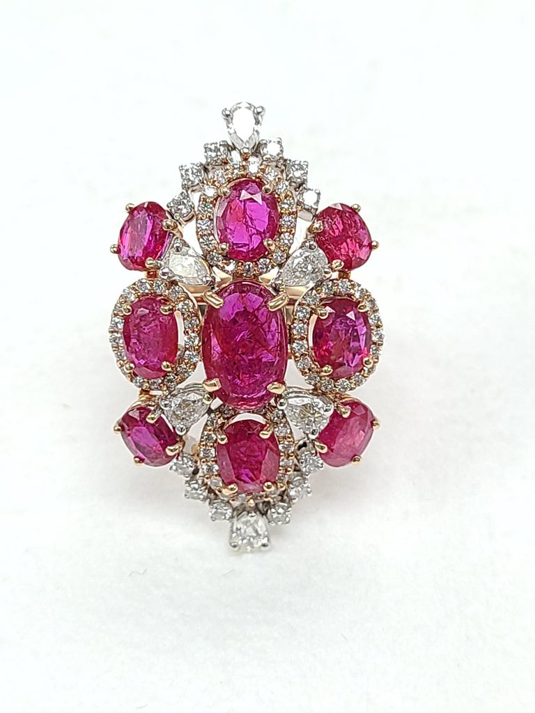 18k Gold 6.10 Carat, Natural Mozambique Ruby and Diamonds Cocktail Ring ...
