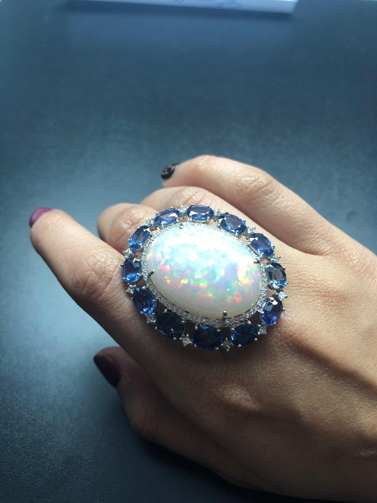 Set in 18K Gold, Ethiopian Opal, Ceylon Blue Sapphire and Diamonds Cocktail Ring at 1stDibs ...
