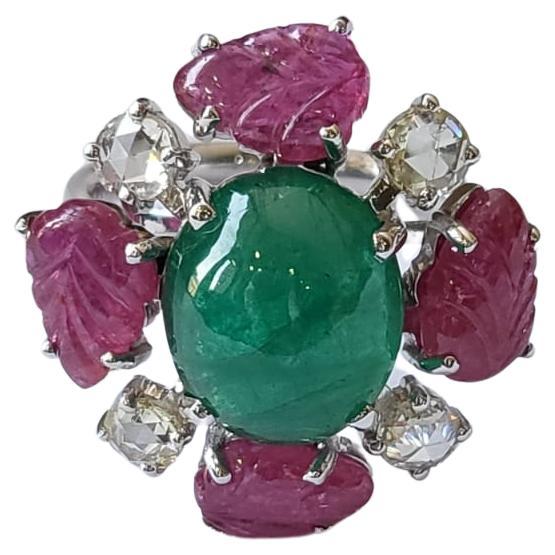 Set in 18k Gold, Natural Zambian Emerald Cabochon and Carved Ruby ...