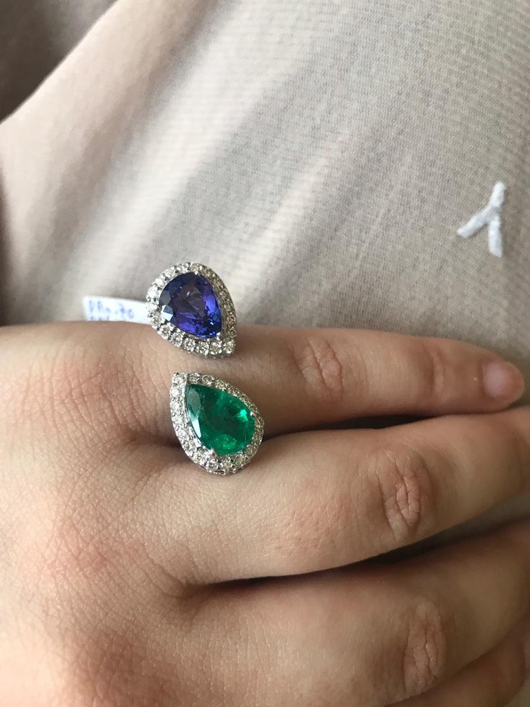 Set in 18k Gold, Pear Shaped Emerald,Tanzanite and Diamond Two-Stone ...