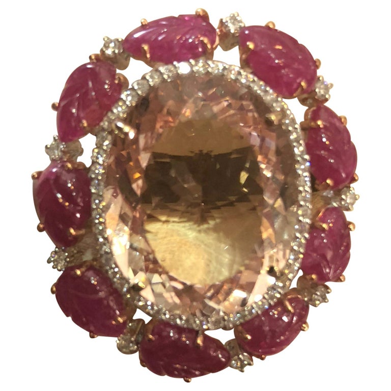 Set in 18K Rose Gold, Morganite and natural,Carved Ruby and Diamonds ...
