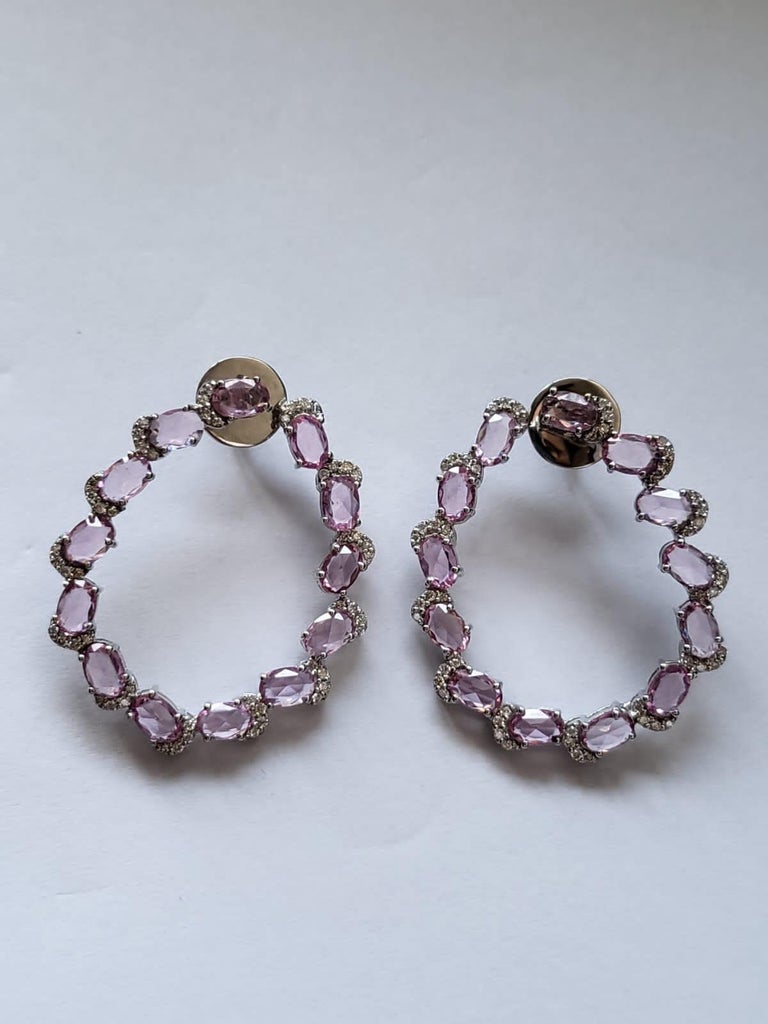 Set in 18K White Gold, Ceylon Pink Sapphire Rose Cuts and Diamonds Hoop ...