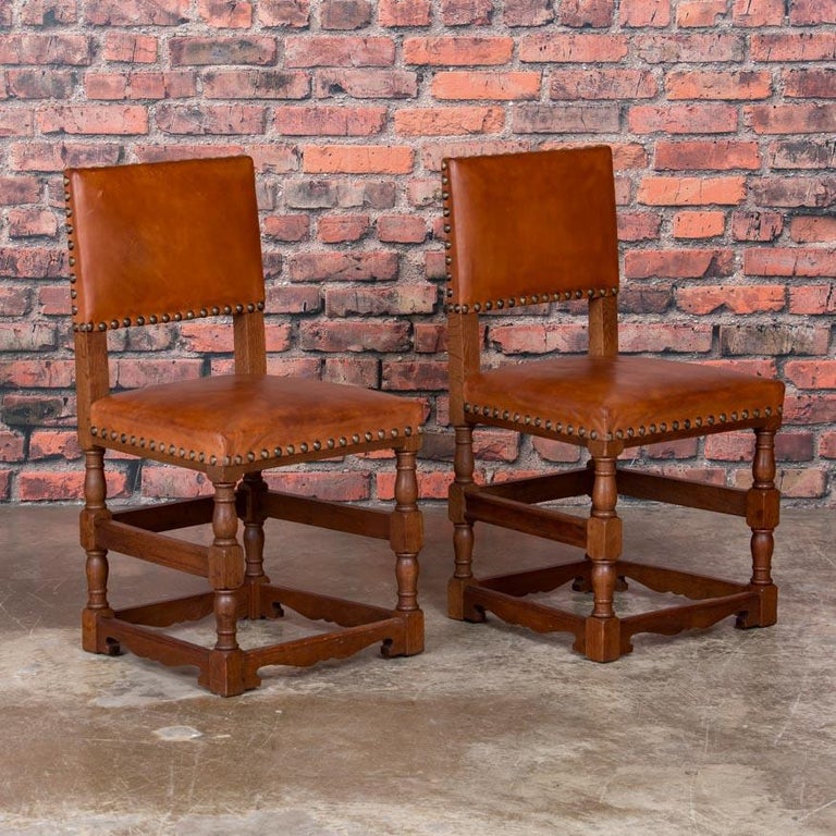 Set of 10 Antique Oak and Leather Dining Chairs at 1stDibs