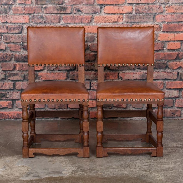 Set of 10 Antique Oak and Leather Dining Chairs at 1stDibs