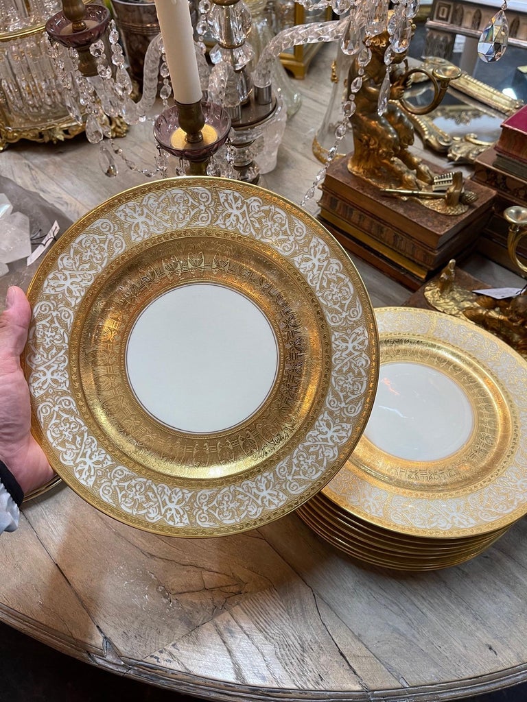 Set of 10 Bavarian China Gold Encrusted Dinner Plates For Sale at 1stDibs