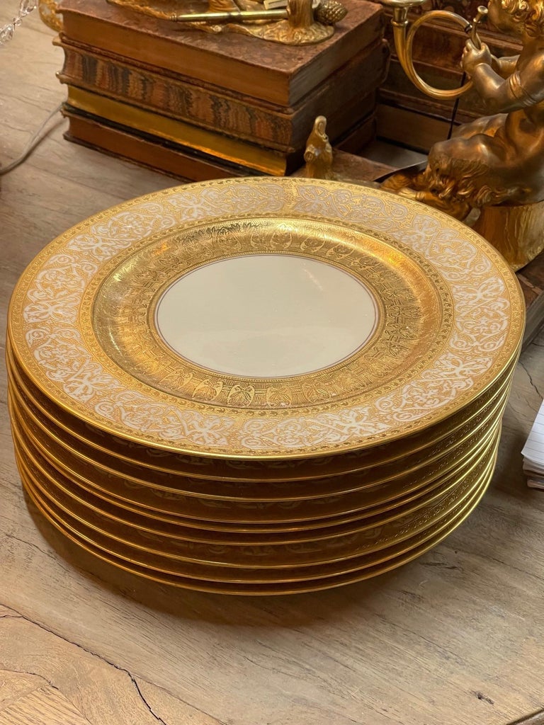 Set of 10 Bavarian China Gold Encrusted Dinner Plates For Sale at 1stDibs