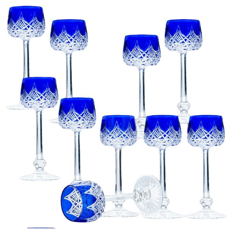 Set of 4 Deep Blue Overlay Baccarat Crystal glasses and Decanter, 1940, France For Sale at 1stDibs