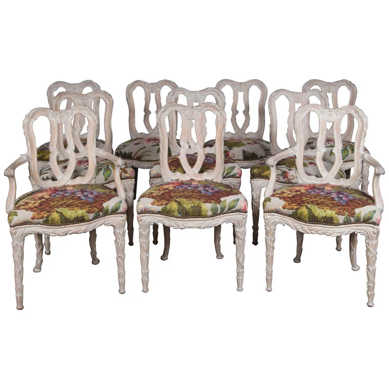 Set of 10 Carved Wood Dining Chairs, Serge Roche Style at 1stDibs