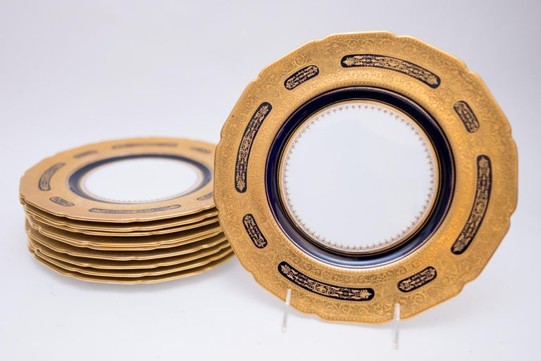 Set of 10 Cobalt Blue and Gilt Encrusted Dinner Plates, Antique Custom ...
