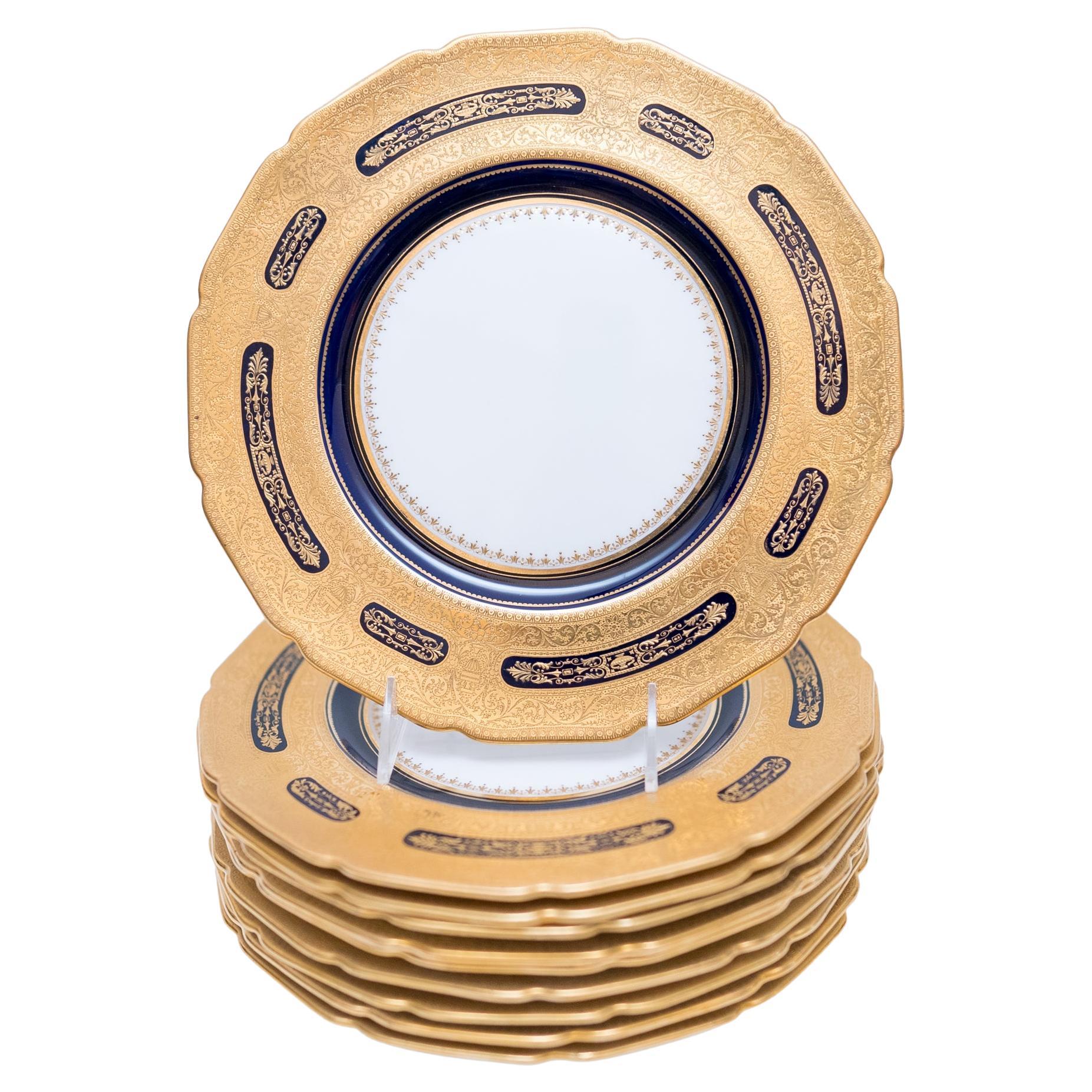 Antique Cobalt and Gilt Encrusted Dinner Plates by Coalport, Set of 11 ...