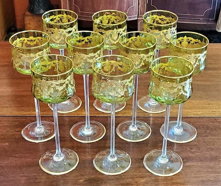 Set of 10 Moser Glass Green and Gold Tall Wine Goblets at 1stDibs