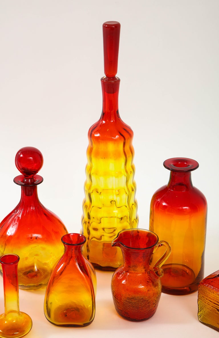 Set of 10 Orange Blenko Bottles For Sale at 1stDibs