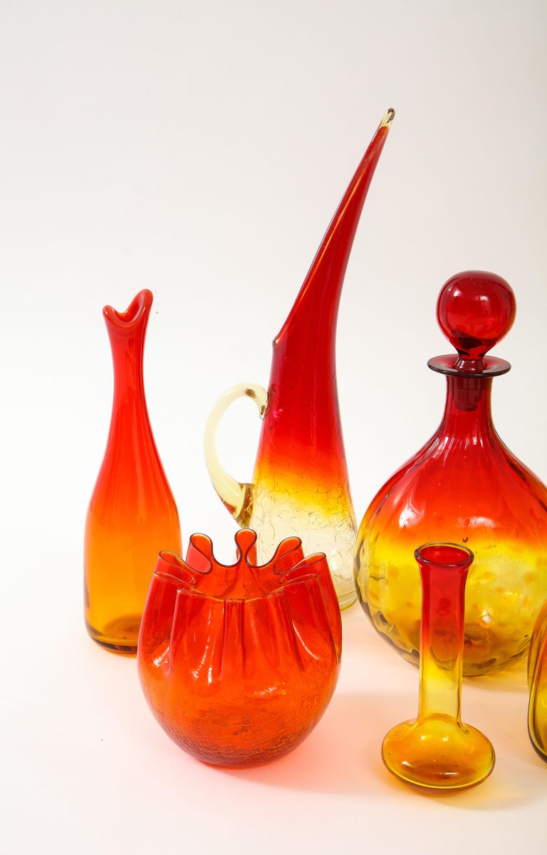 Set of 10 Orange Blenko Bottles For Sale at 1stDibs