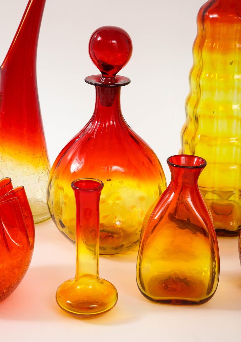 Set of 10 Orange Blenko Bottles For Sale at 1stDibs