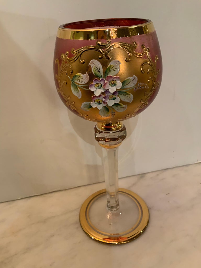 Set of 11 Bohemian Crystal Hand Painted Wine Stems in Rose Hue For Sale ...