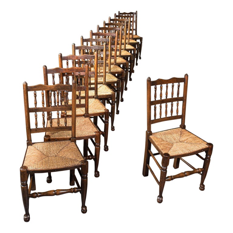 Set Of 12, Antique Lancashire Chairs, Beech, Spindle Back, Seat ...