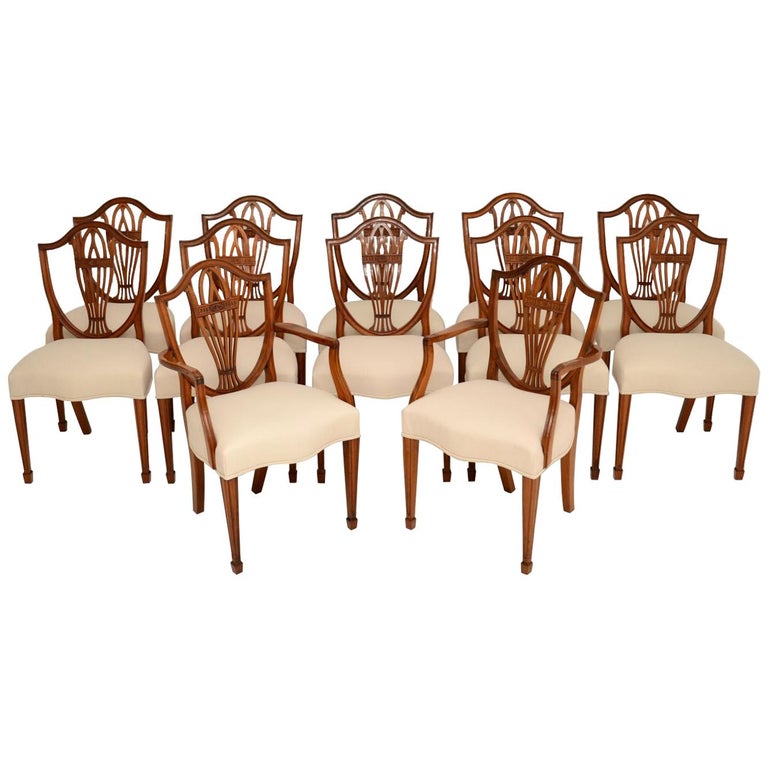 Set of 12 Antique Sheraton Style Shield Back Dining Chairs at 1stDibs