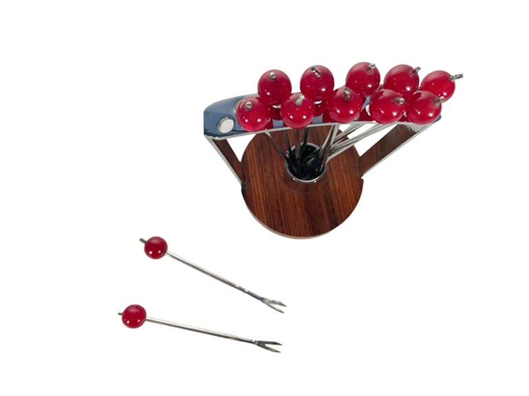 Set of 12 Art Deco Cocktail Picks in an Arched Chrome Stand with a Wood ...