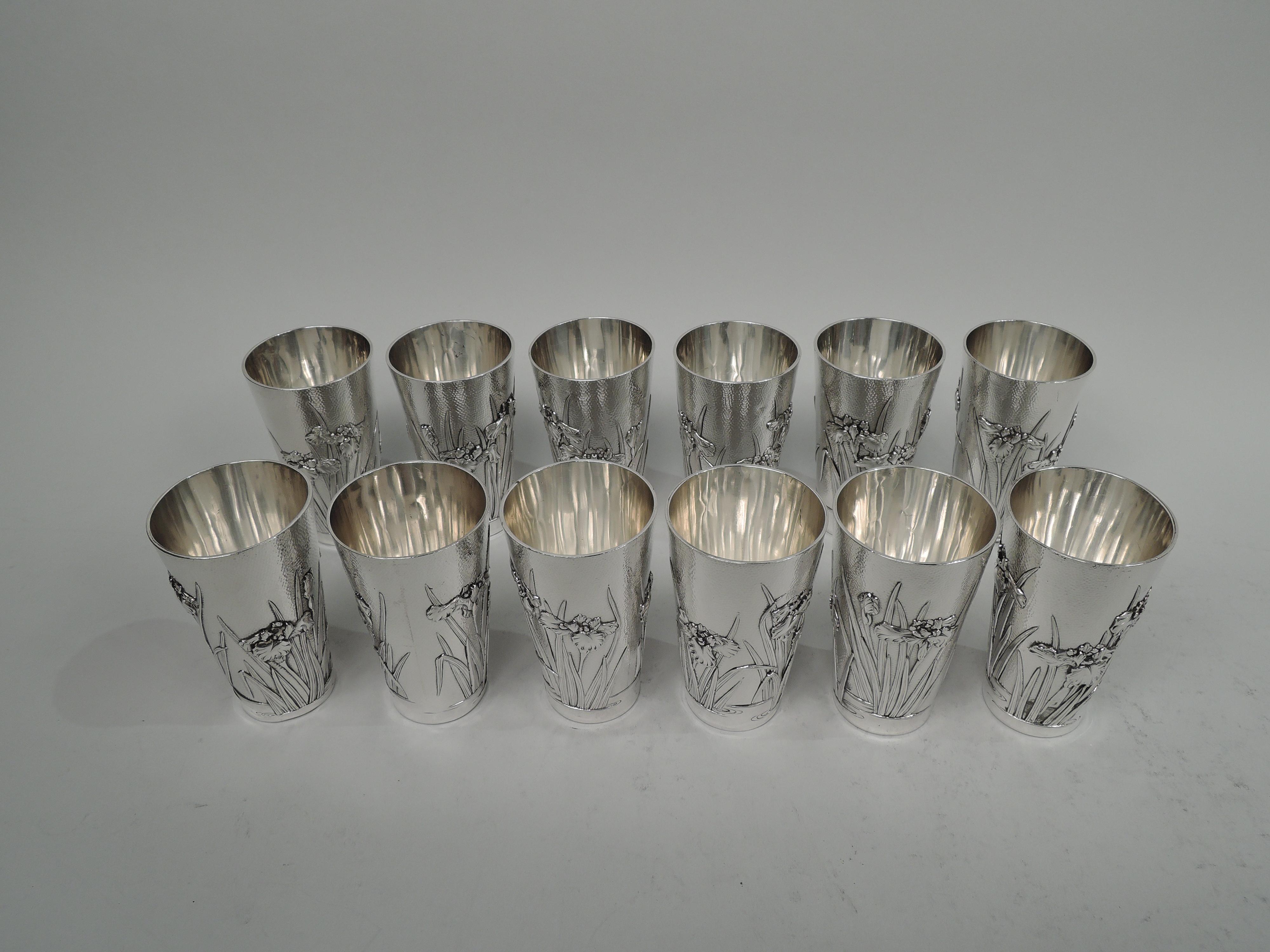 Set of 12 Arthur and Bond Japanese Meiji Silver Iris Flower Sake Cups ...