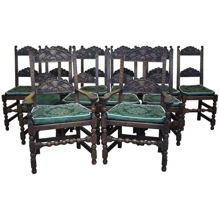 Set of 12 Carved Oak Dining Chairs at 1stDibs