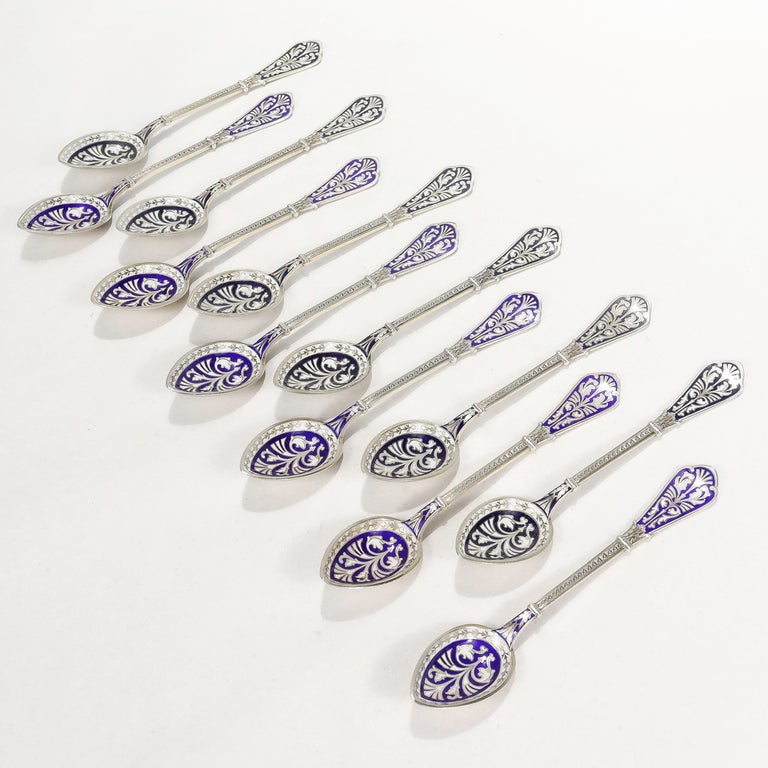 Set of 12 David Andersen Gilt Sterling Silver and Blue Enamel Demitasse Spoons For Sale at 1stDibs