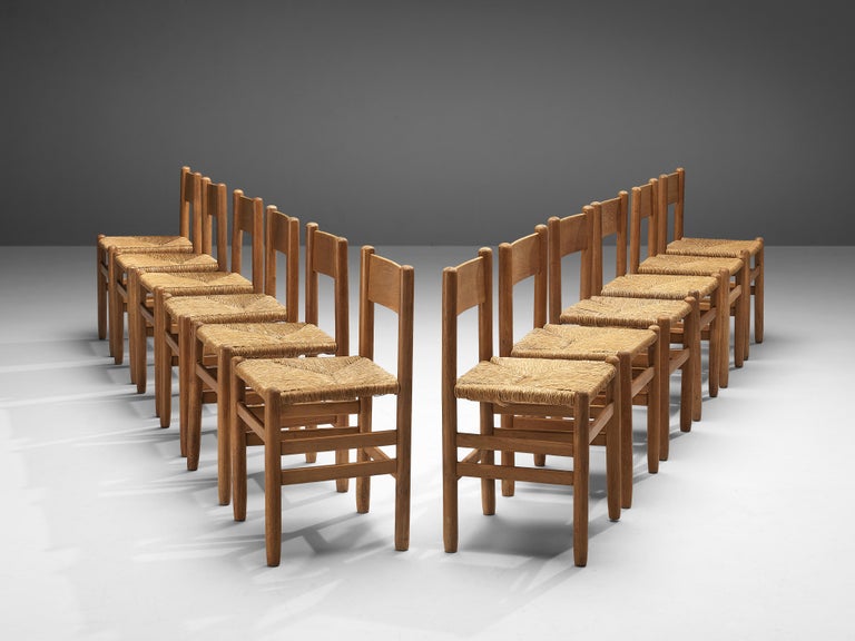 Set of 12 Dining Chairs in Oak with Rush Seating For Sale at 1stDibs