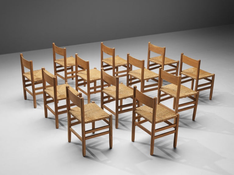 Set of 12 Dining Chairs in Oak with Rush Seating For Sale at 1stDibs