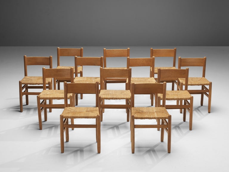 Set of 12 Dining Chairs in Oak with Rush Seating For Sale at 1stDibs