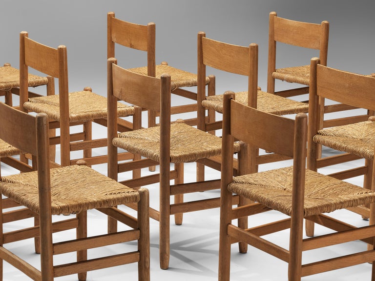 Set of 12 Dining Chairs in Oak with Rush Seating For Sale at 1stDibs
