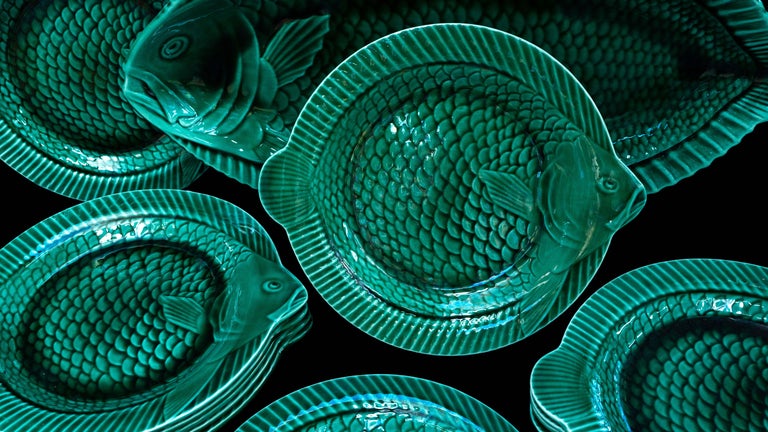 Set of 12 Emerald Green Fish Plates with Large Serving Platter by ...