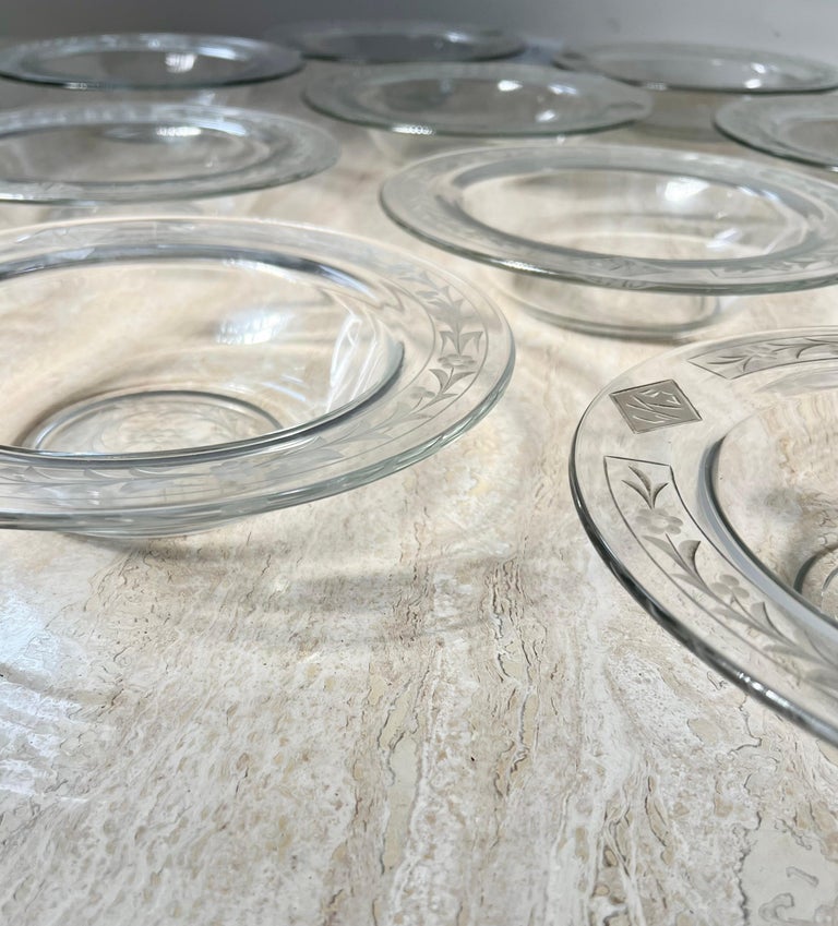 Set of 12 Floral Engraved Glass Plates, 20th Century For Sale at 1stDibs
