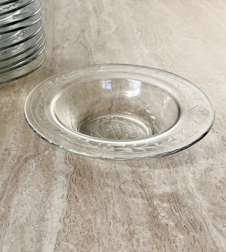 Set of 12 Floral Engraved Glass Plates, 20th Century For Sale at 1stDibs