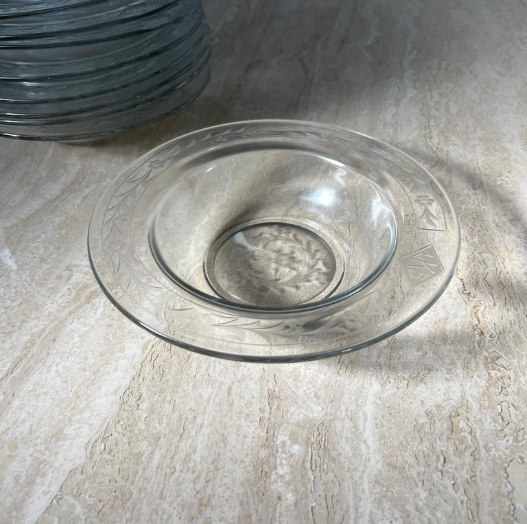 Set of 12 Floral Engraved Glass Plates, 20th Century For Sale at 1stDibs