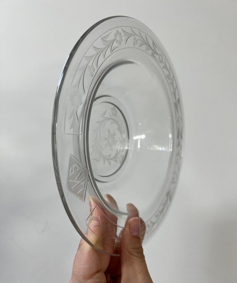 Set of 12 Floral Engraved Glass Plates, 20th Century For Sale at 1stDibs