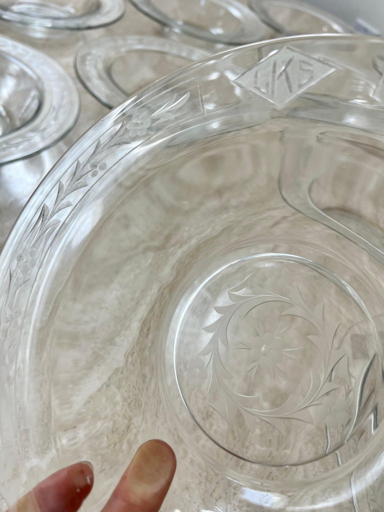 Set of 12 Floral Engraved Glass Plates, 20th Century For Sale at 1stDibs