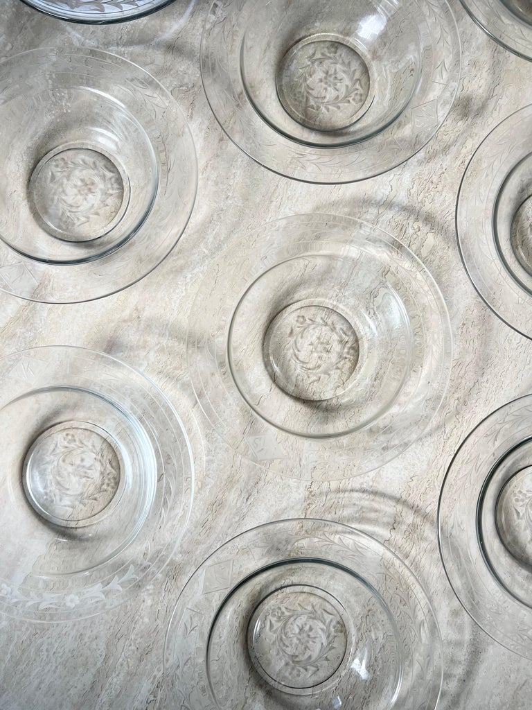 Set of 12 Floral Engraved Glass Plates, 20th Century For Sale at 1stDibs