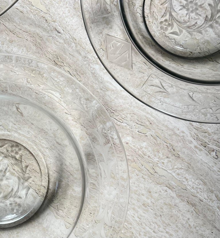 Set of 12 Floral Engraved Glass Plates, 20th Century For Sale at 1stDibs