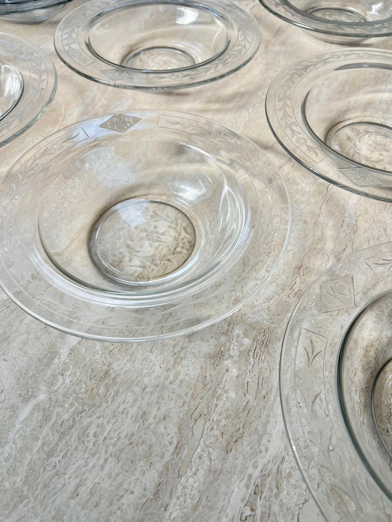 Set of 12 Floral Engraved Glass Plates, 20th Century For Sale at 1stDibs