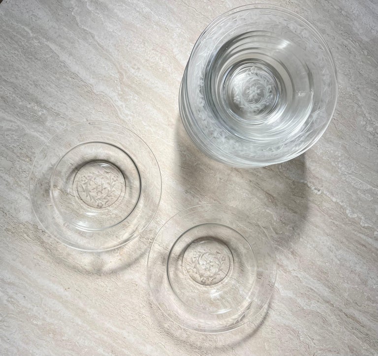 Set of 12 Floral Engraved Glass Plates, 20th Century For Sale at 1stDibs