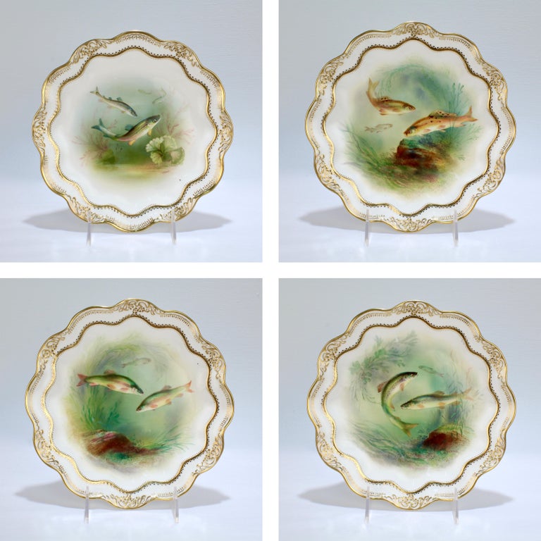 Set of 12 George Jones Hand Painted Fish Plates with Gilt Scalloped ...