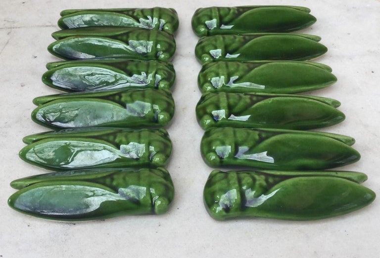 Set of 12 Green Majolica Cicada Knife Rests at 1stDibs